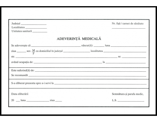 Adeverinta medicala , format A6, 100 file/carnet