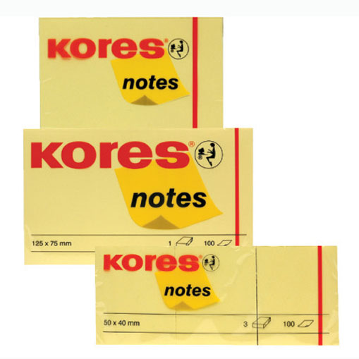 Notes adeziv hartie Kores 75 x 125 mm, galben pastel, 100 file/set